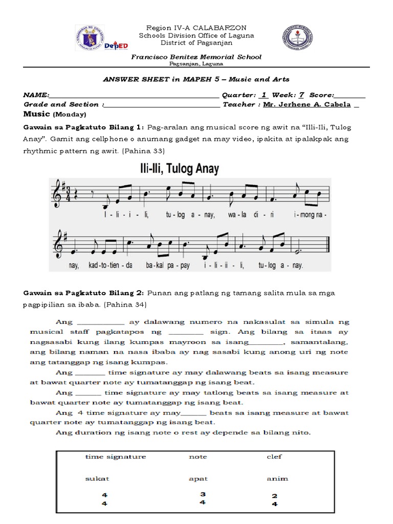 Answer Sheet With Summative Test PE Health in MAPEH 5 Music Arts Week 7 ...