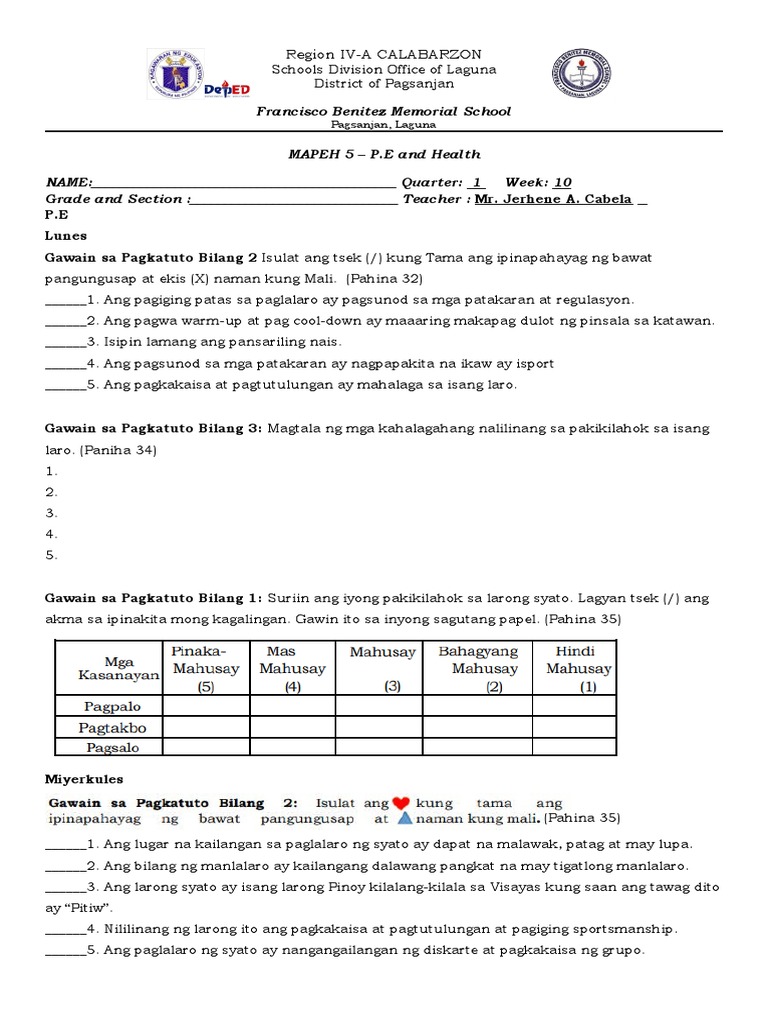 Activity Sheet With Summative Test Music Arts in MAPEH 5 PE Health Week ...