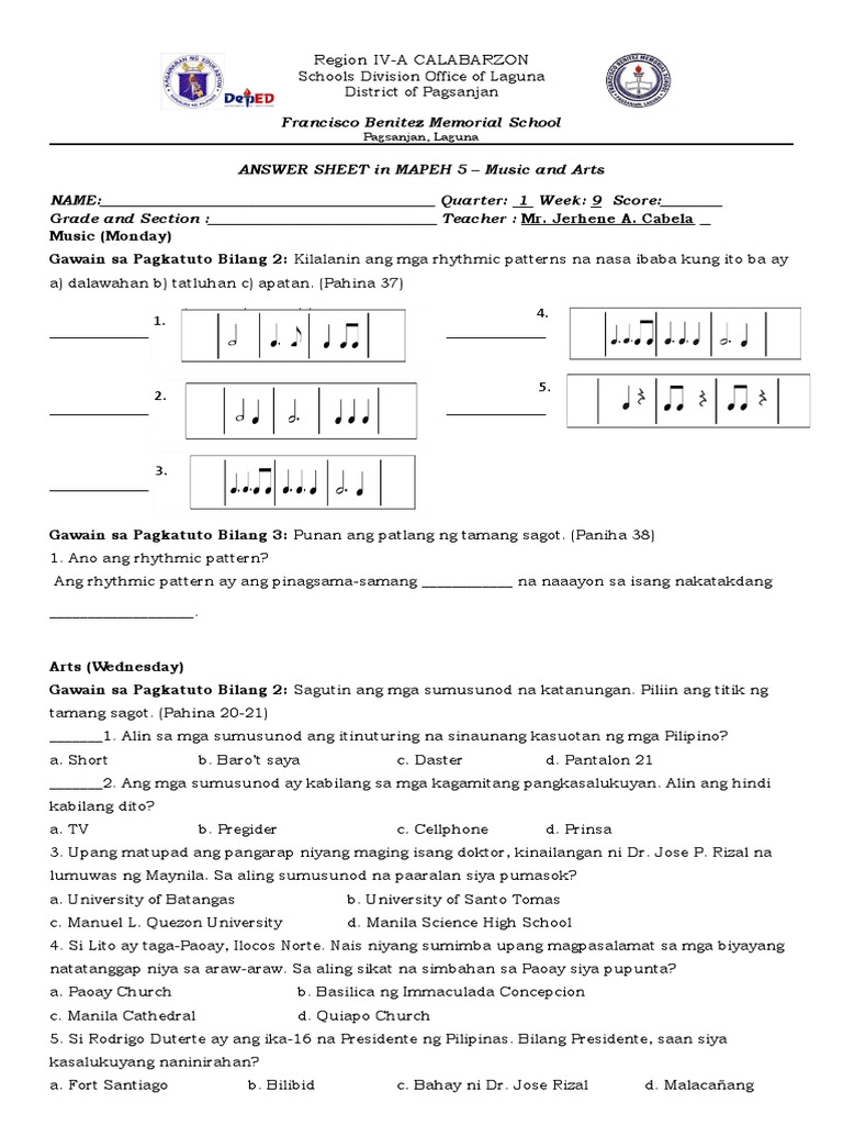 Answer Sheet With Summative Test PE Health in MAPEH 5 Music Arts Week 9 ...