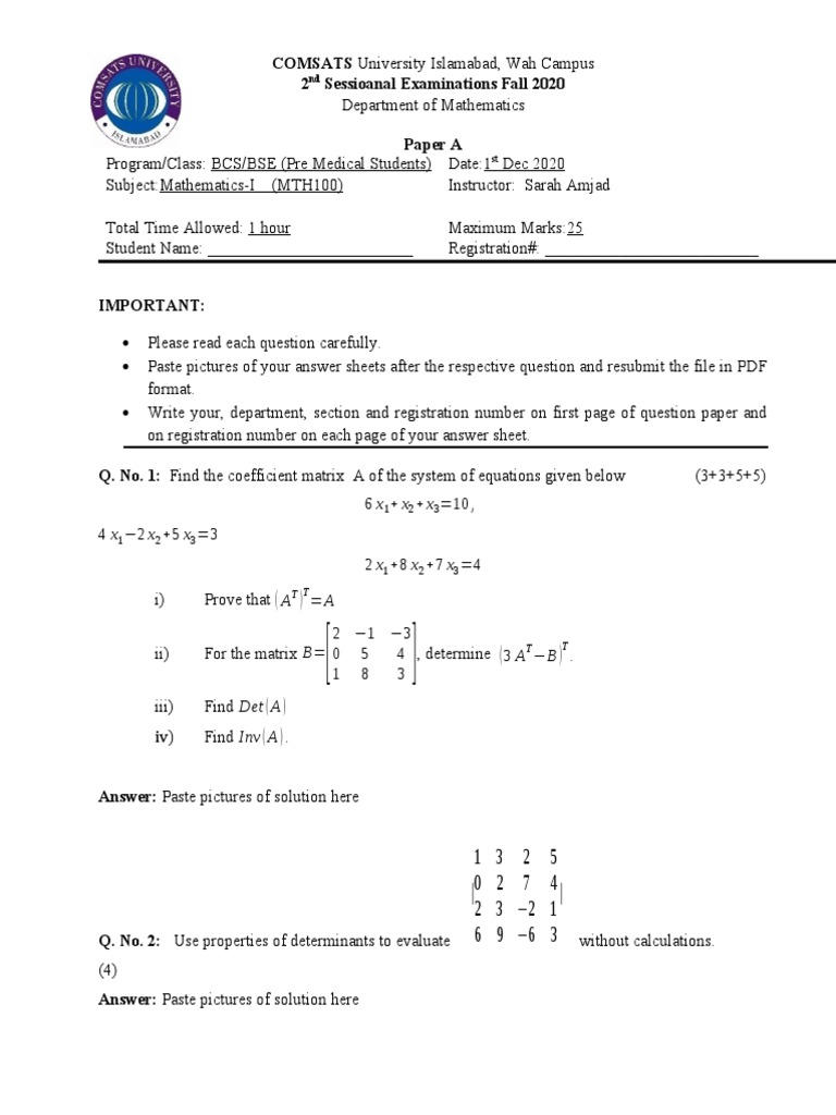 MTH-100 2nd Sessional A | PDF | Teaching Methods & Materials