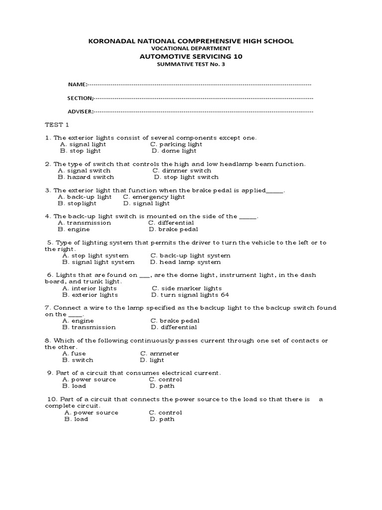 Grade 5 Automotive Summative Test | PDF | Switch | Automotive Industry