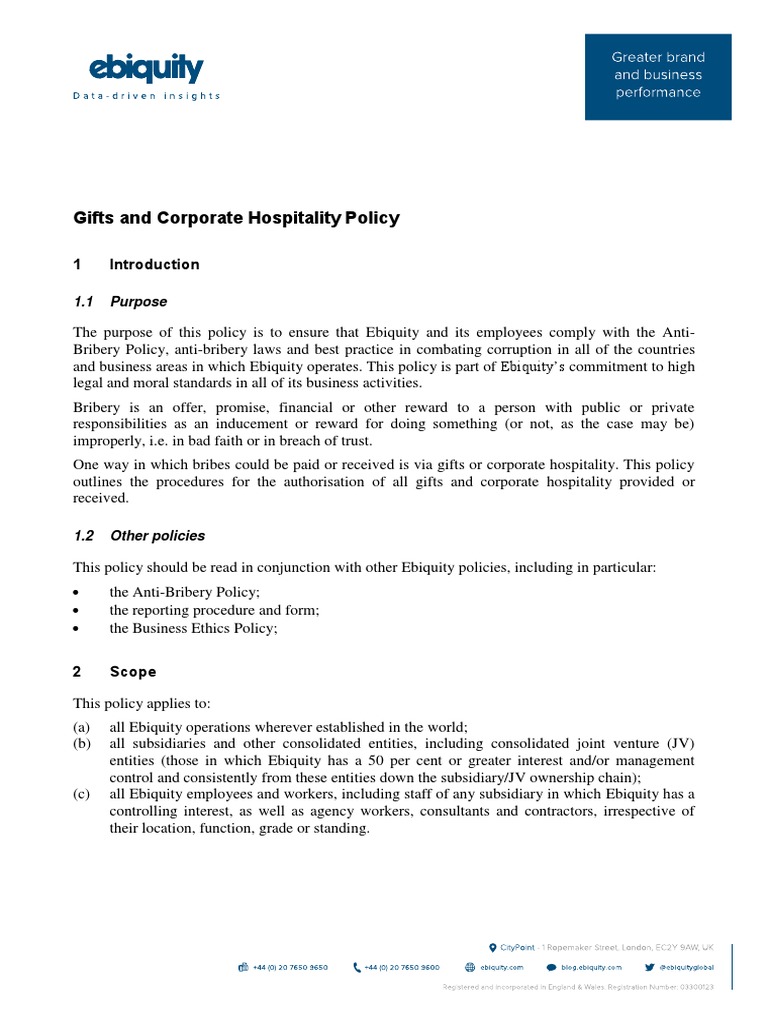 Gifts and Corporate Hospitality Policy: 1.1 Purpose | PDF | Bribery ...