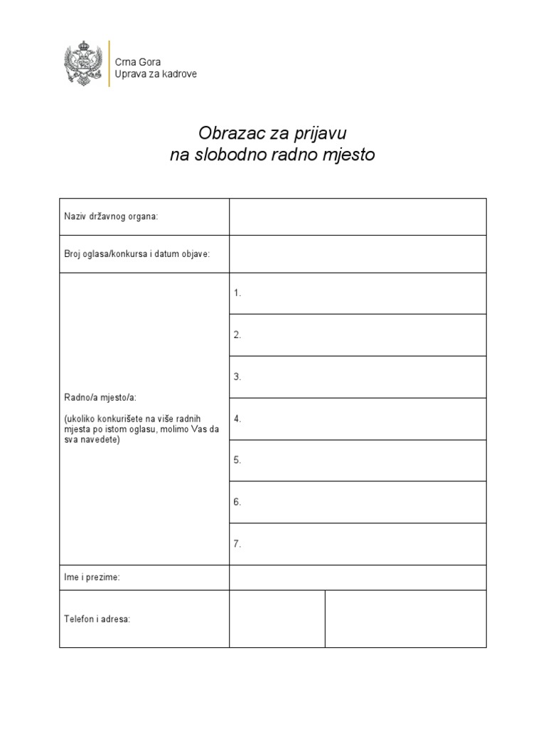 Obrazac Za Prijavu Na Slobodno Radno Mjesto-02 - 2019 | PDF