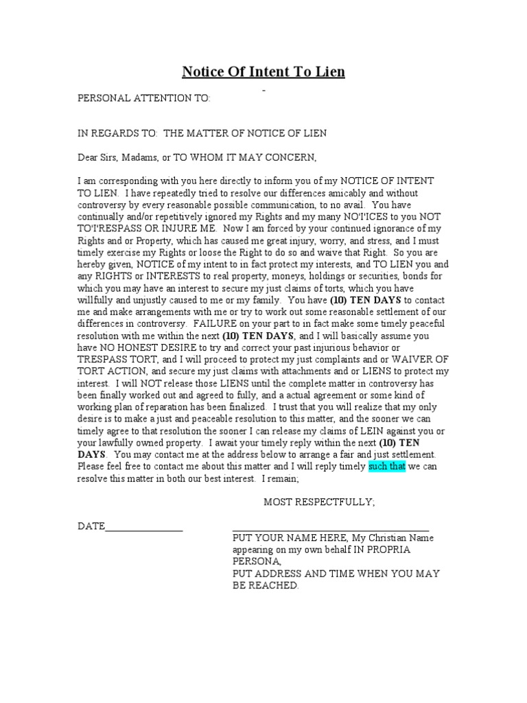 Notice of Intent to Lien and Waiver of Tort for Damages | PDF ...