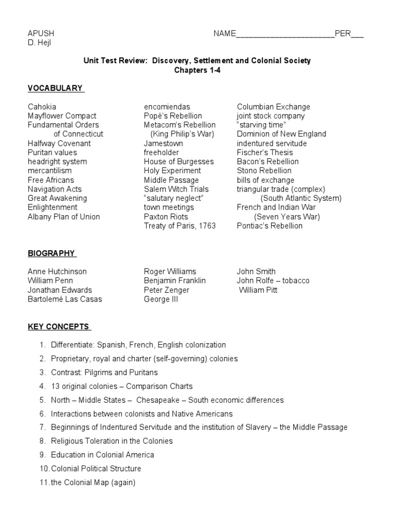 Unit Test Review: Discovery, Settlement and Colonial Society Chapters 1 ...