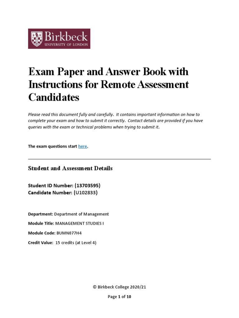 Management Studies I - Exam Paper and Answer Book | PDF | Business ...