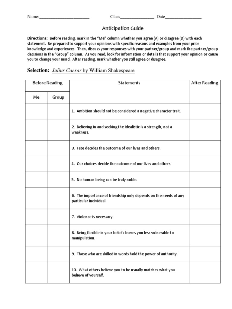 Julius Caesar Anticipation Guide | PDF