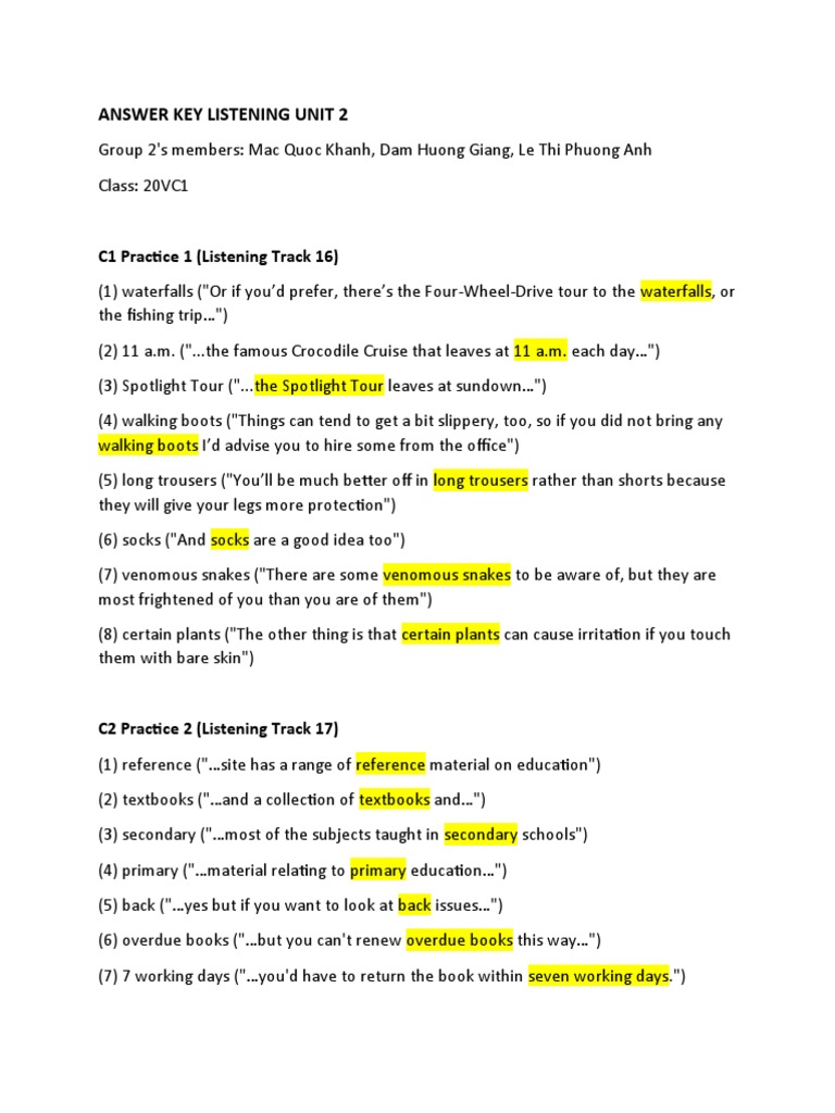 Answer Key Listening Unit 2: C1 Practice 1 (Listening Track 16) | PDF ...
