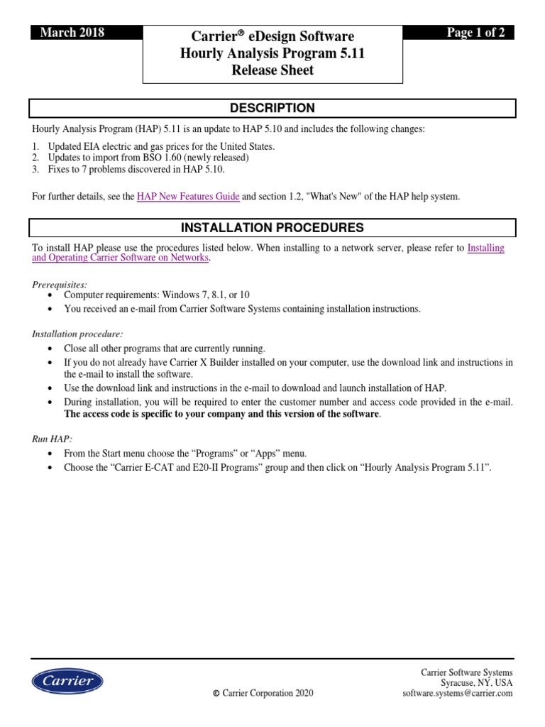 Carrier Edesign Software Hourly Analysis Program 5.11 Release Sheet ...