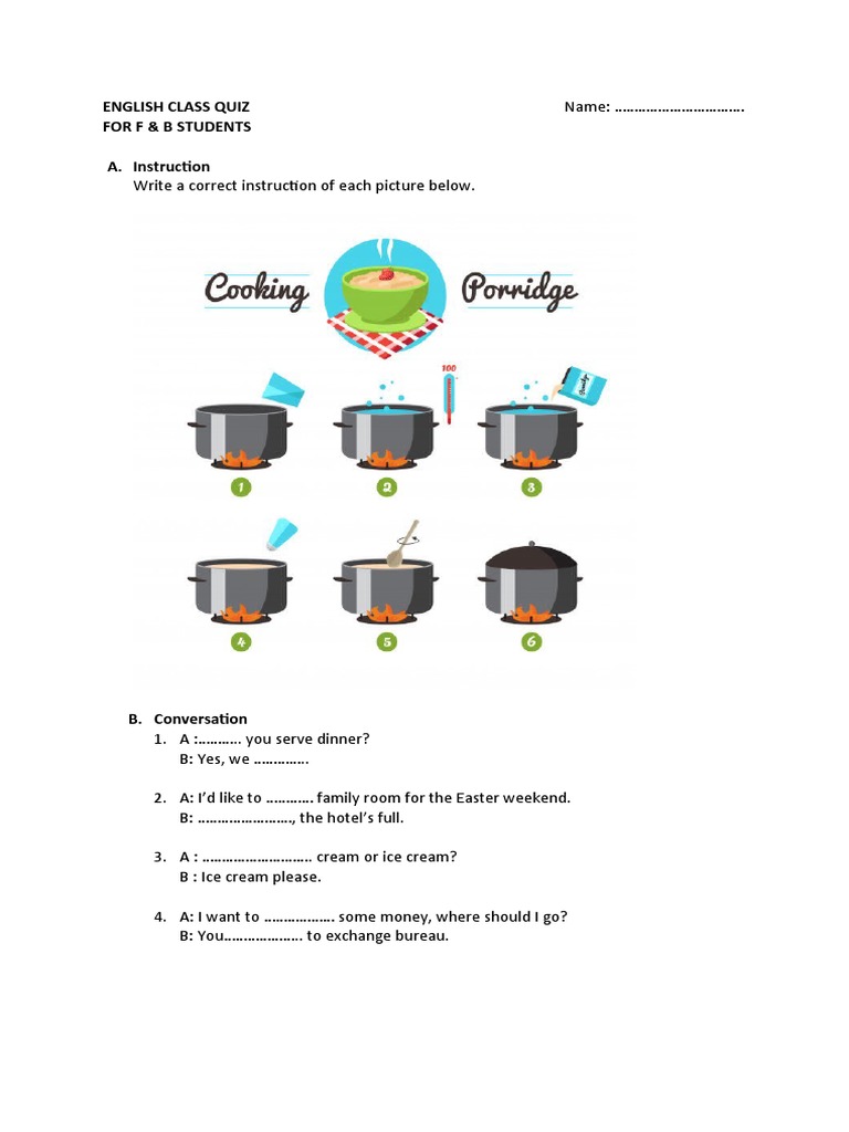 English Class Quiz For F & B Students A. Instruction | PDF