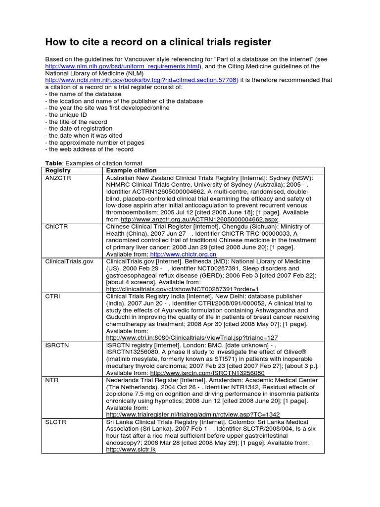 How To Cite A Record On A Clinical Trials Register: Table: Examples of ...