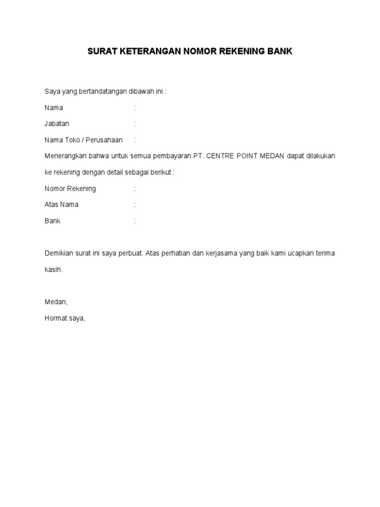 Surat Keterangan Nomor Rekening Bank | PDF