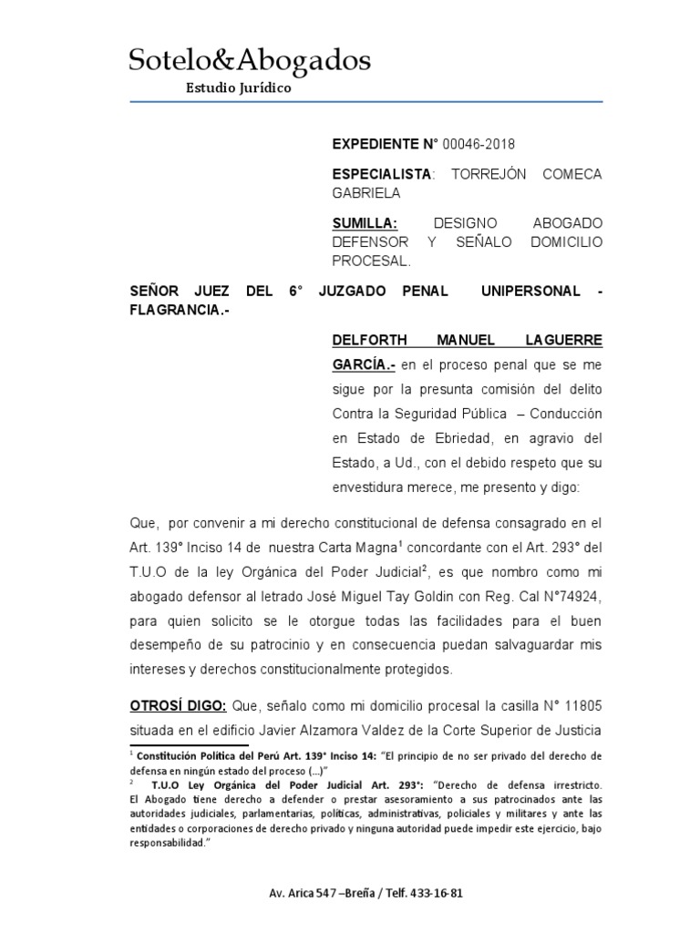 Escrito Designación De Abogado Pdf Ley Procesal Ley Constitucional