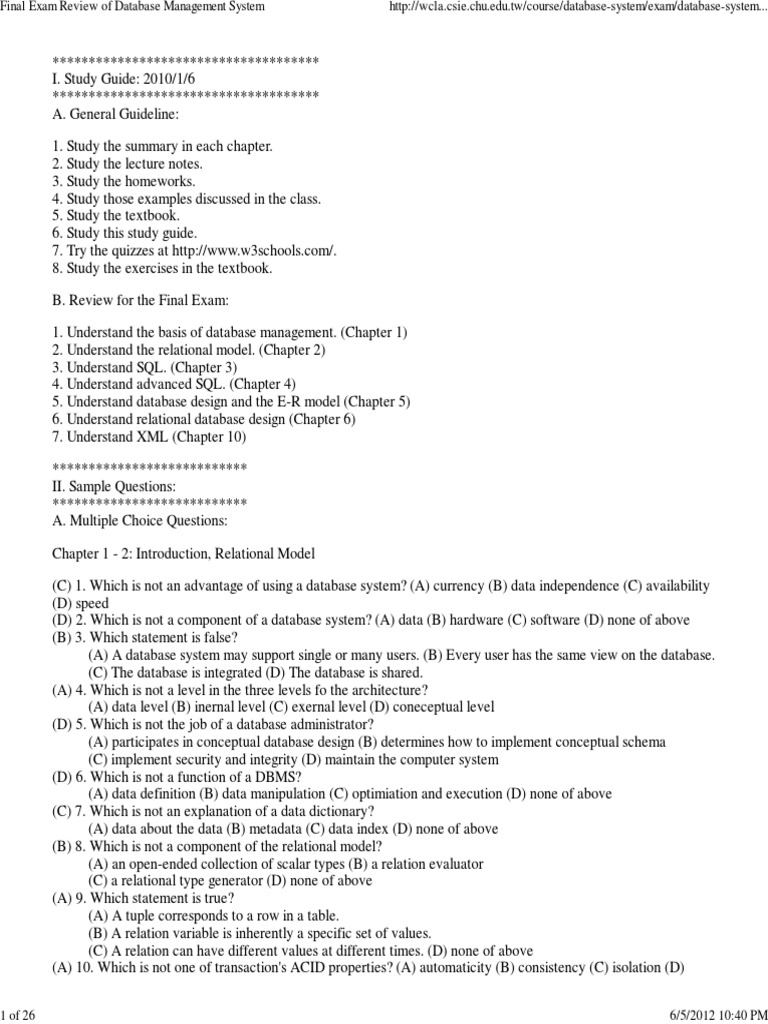 Final Exam Review of Database Management System PDF | PDF | Relational ...