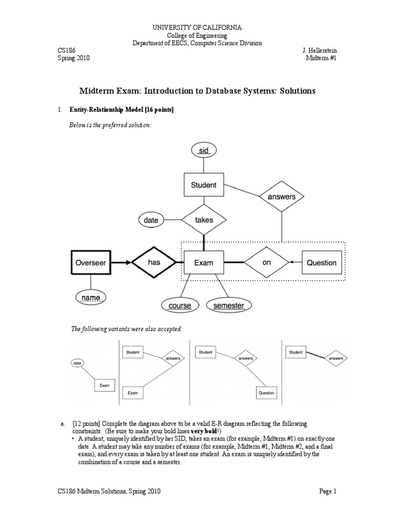 Midterm Exam: Introduction To Database Systems: Solutions: Below Is The Preferred Solution | PDF ...