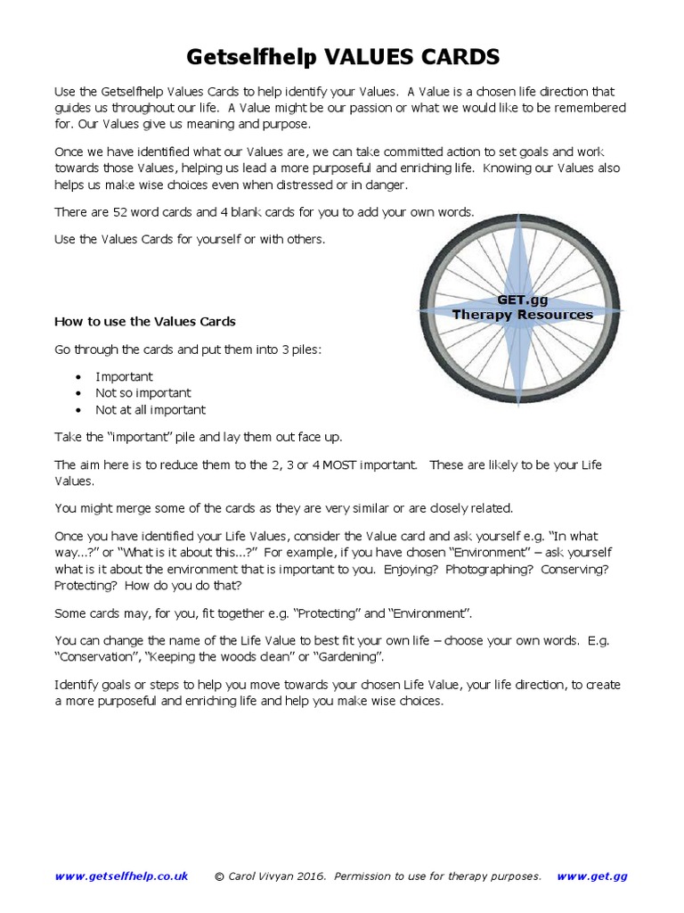 Getselfhelp VALUES CARDS | PDF