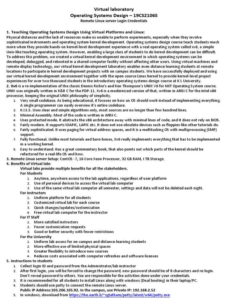 Virtual Laboratory - Operating Systems Design - 19CS2106S | PDF ...
