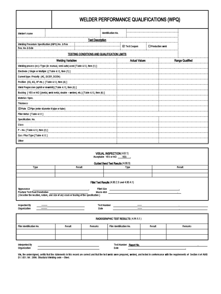 Welder Performance Qualifications (WPQ) : Test Description | Download ...