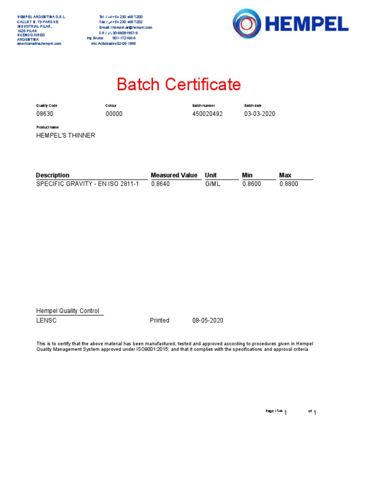 Batch Certificate for Hempel's Thinner with Specifications and Test ...