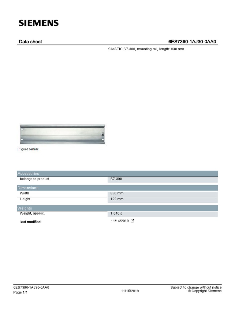 Data Sheet 6ES7390-1AJ30-0AA0: SIMATIC S7-300, Mounting Rail, Length ...