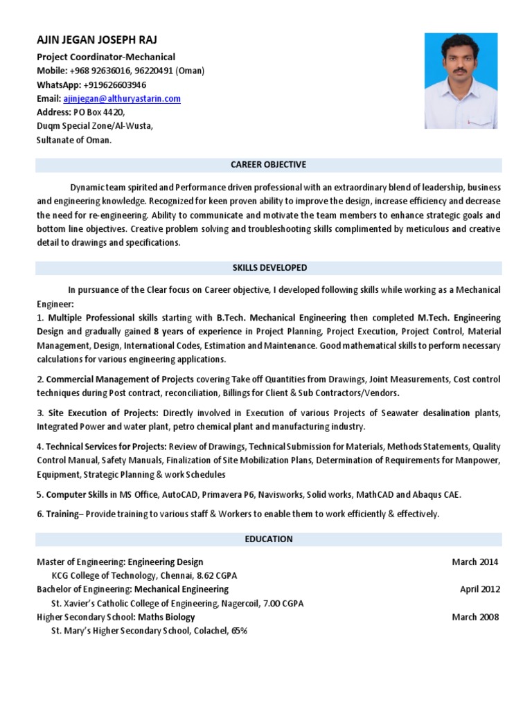 AjinJeganResume Project Coordinator | PDF | Mechanical Engineering | Engineering