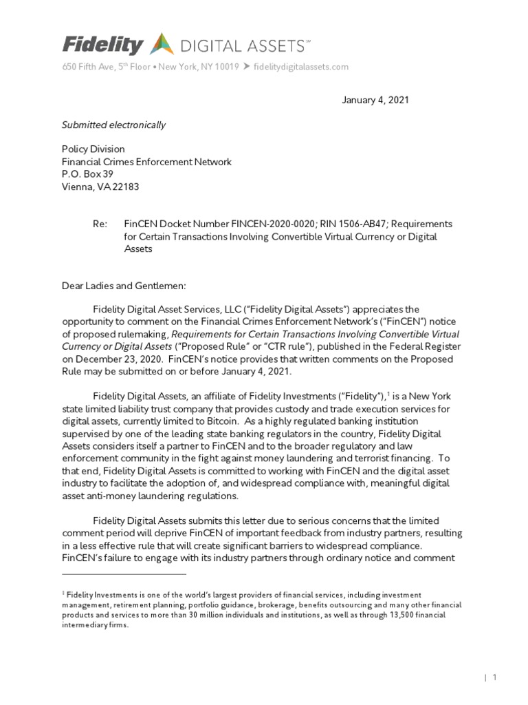 FidelityDigitalAssets FinCEN Comment Letter | PDF | Finance & Money ...