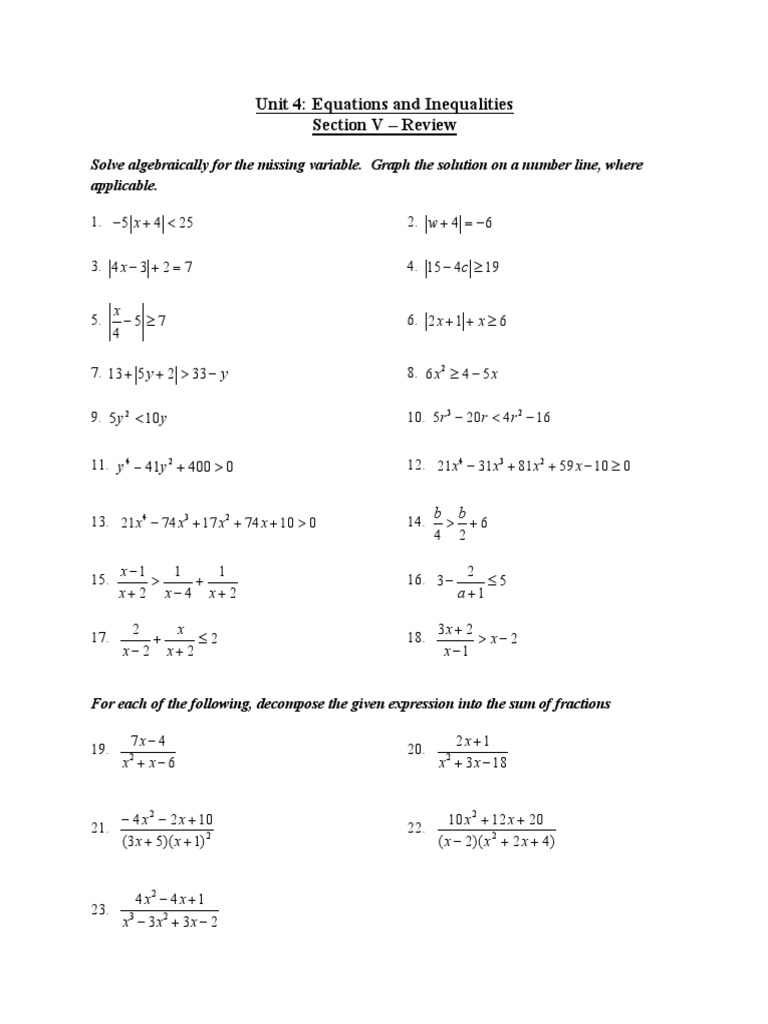 Unit 4: Equations and Inequalities Section V - Review | PDF | Teaching ...