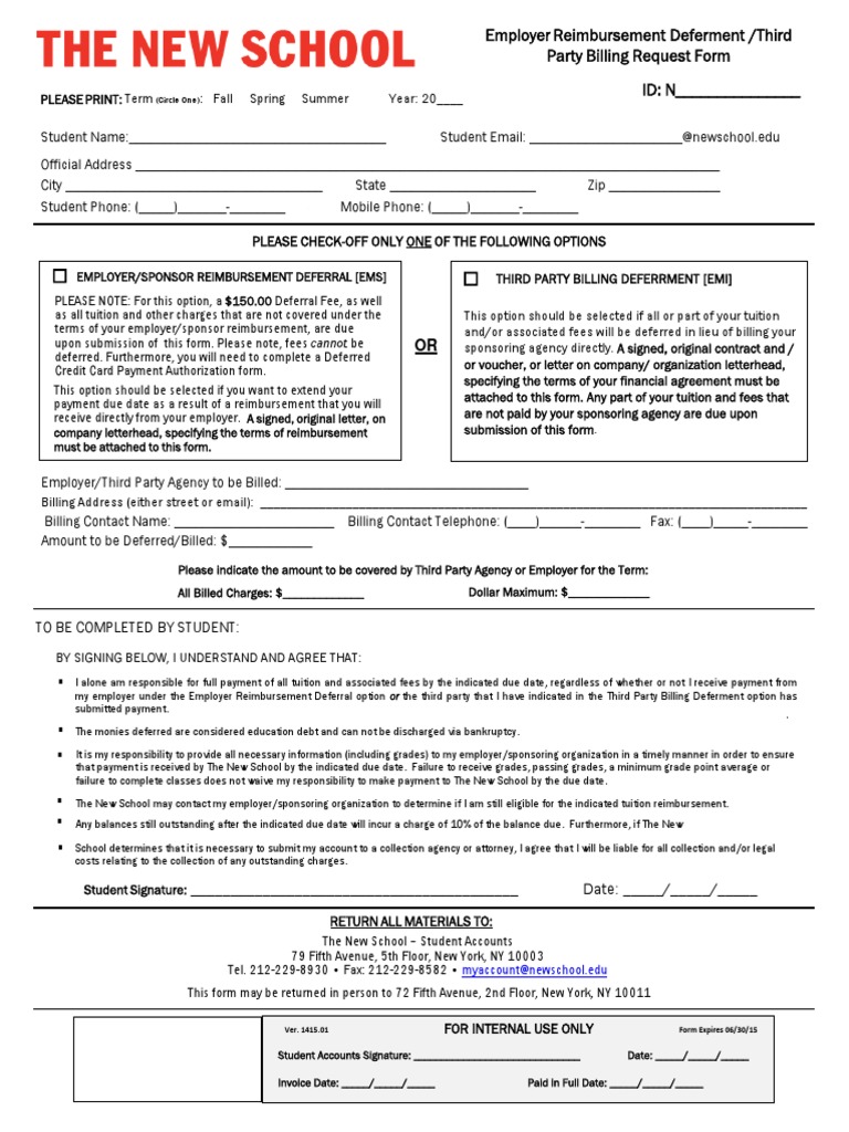 Employer Reimbursement Deferment /third Party Billing Request Form ID ...