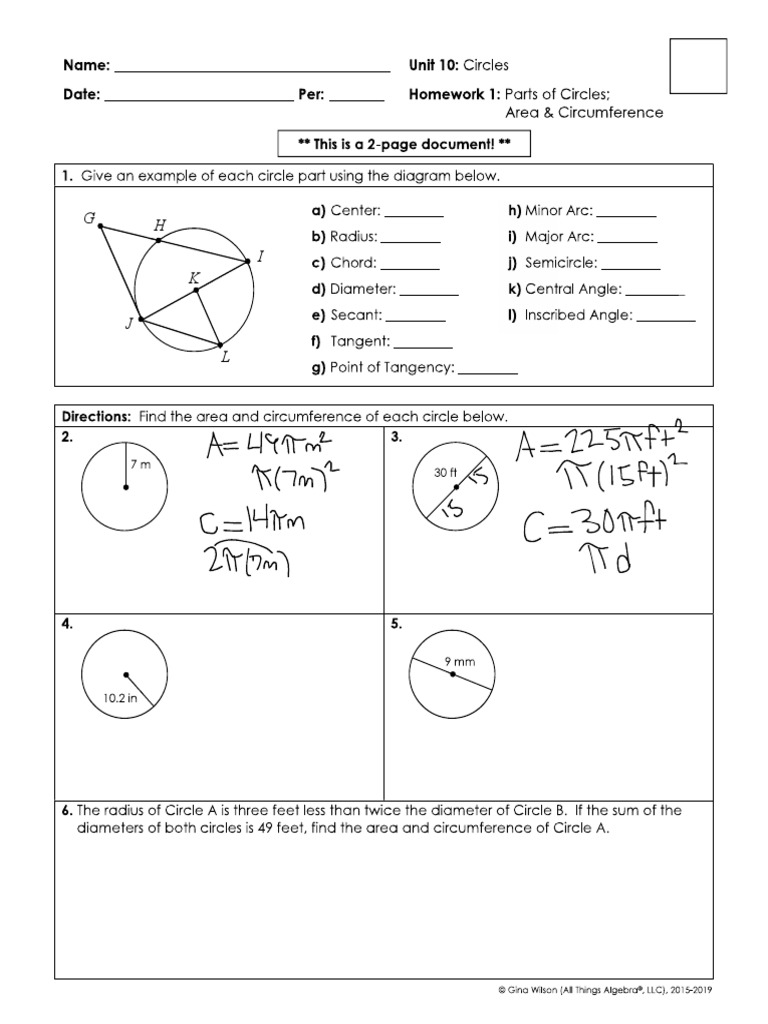 Circle Terminology Area and Circcumference Worksheet 1920 | PDF