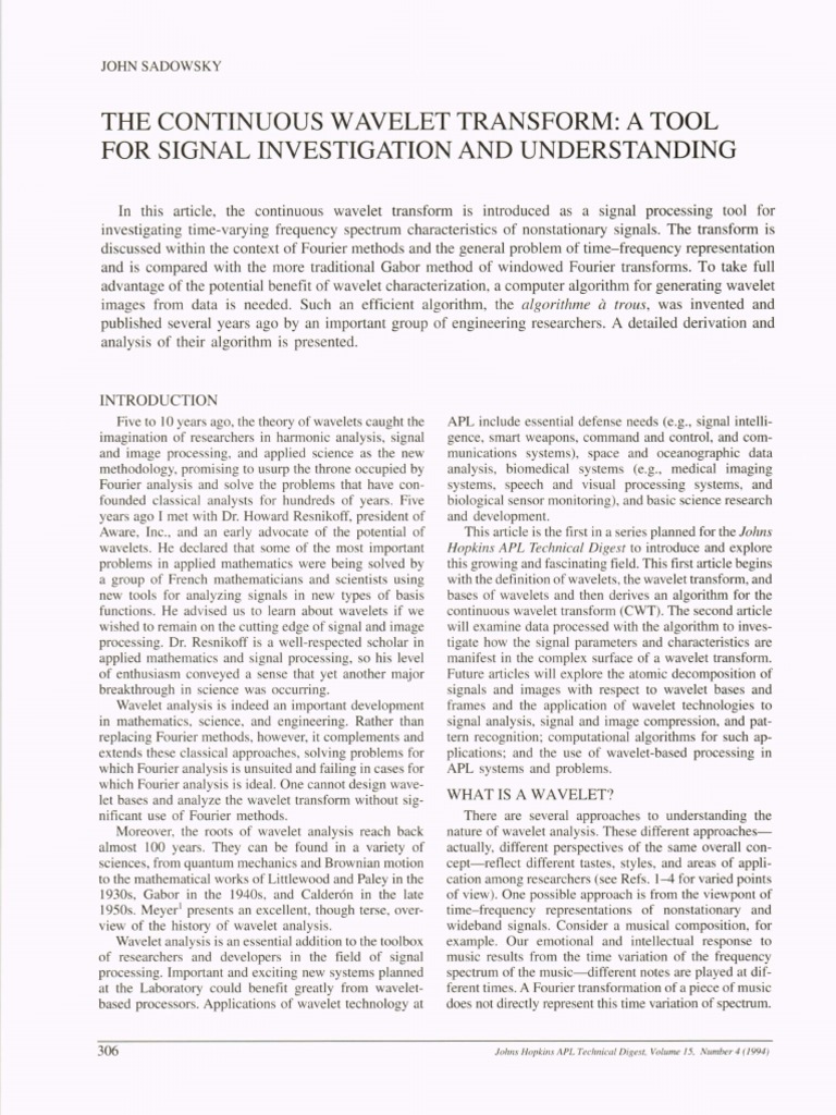 The Continuous Wavelet Transform: For Signal Investigation and Understanding | PDF | Wavelet ...