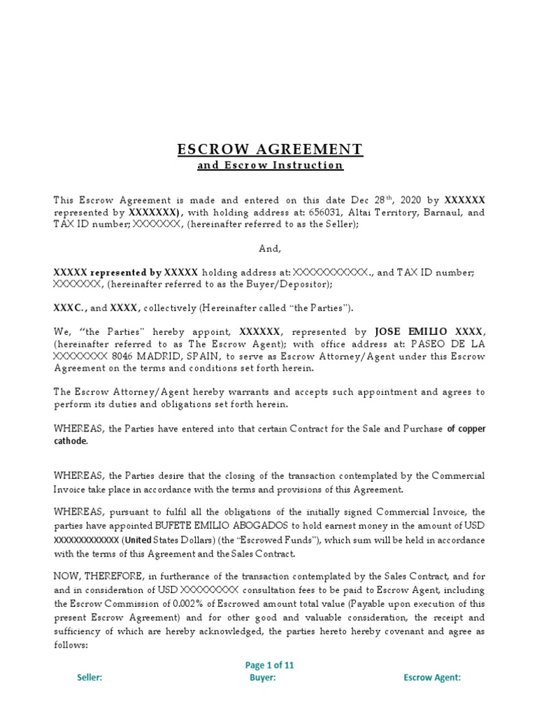 Draft Escrow Agreement 2020 | PDF | Identity Document | Financial ...