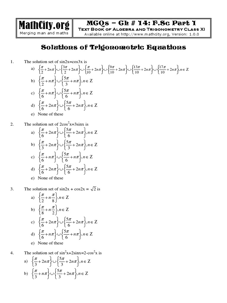 Mcqs - CH # 14: F.SC Part 1: Text Book of Algebra and Trigonometry Class Xi | PDF | Complex ...