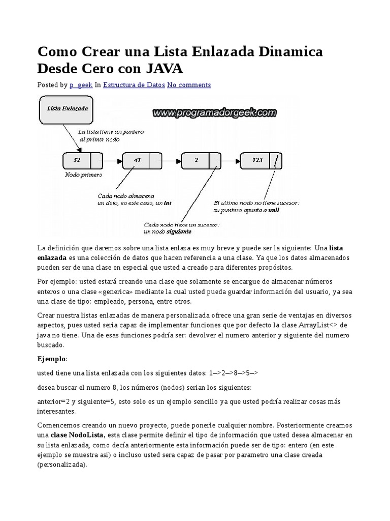 Como Crear Una Lista Enlazada Dinamica Desde Cero Con JAVA | PDF | Puntero (Programación de ...