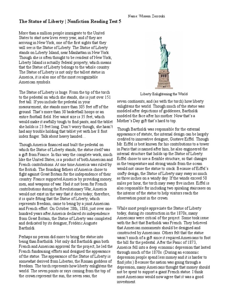 The Statue of Liberty - Nonfiction Reading Test 5: Name: Wissem ...