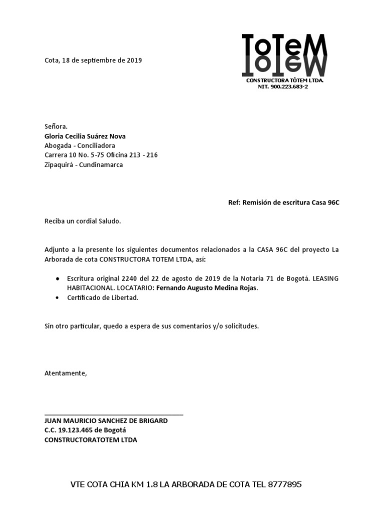 Carta Remisión Escritura Casa 96C | PDF