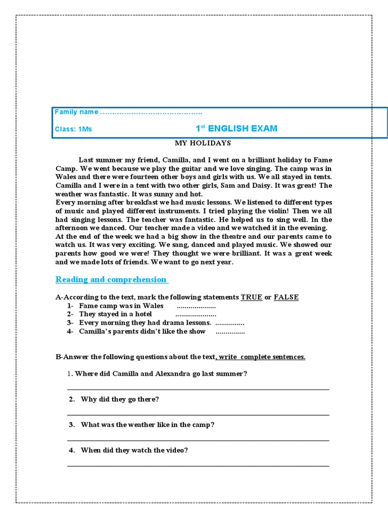 ENGLIH TEST FOR 1ms - Doc Sujet A Continuer | PDF | Entertainment (General)