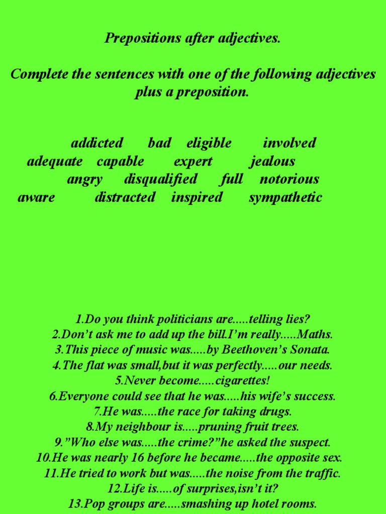 Prepositions After Adjectives. Complete The Sentences With One of The ...