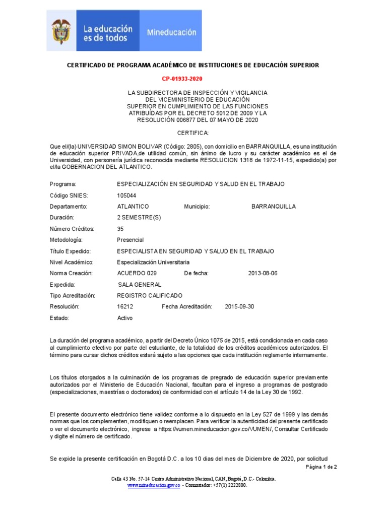 Certificado Simon Bolivar SNIES PDF | PDF | Educación más alta | Prueba / examen