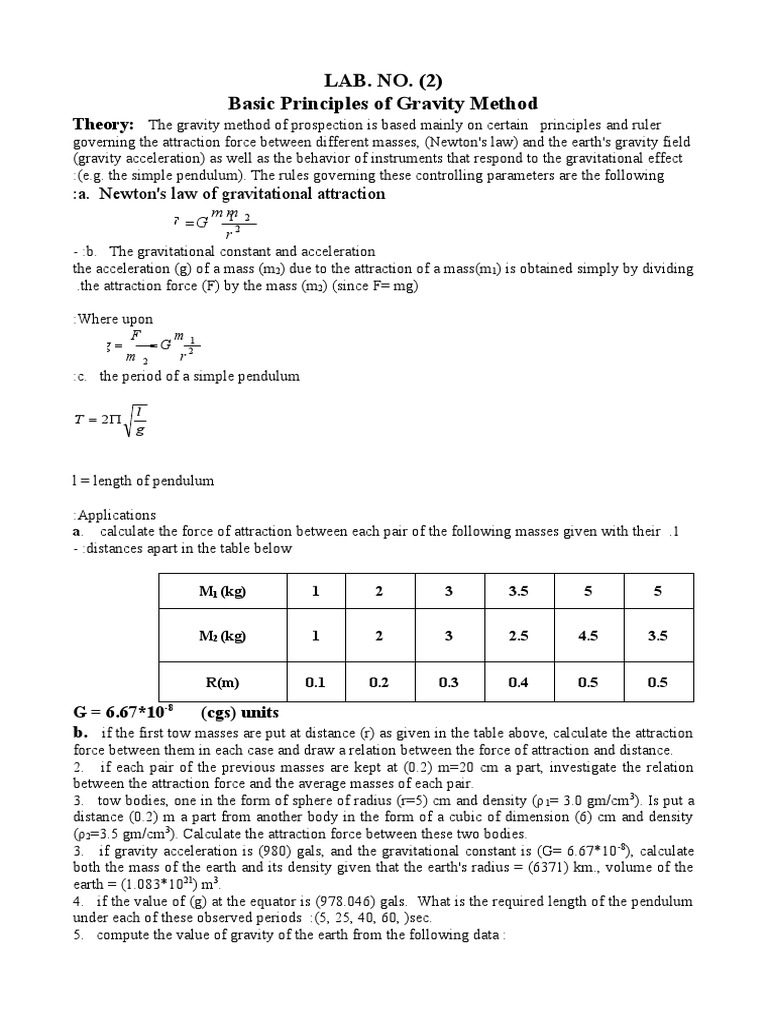 LAB. NO. (2) Basic Principles of Gravity Method: Theory | PDF | Gravity ...