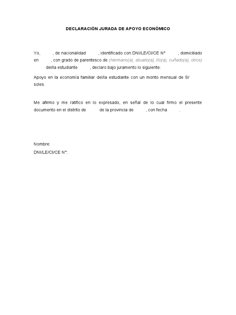 Declaracion Jurada De Apoyo Economico Pdf