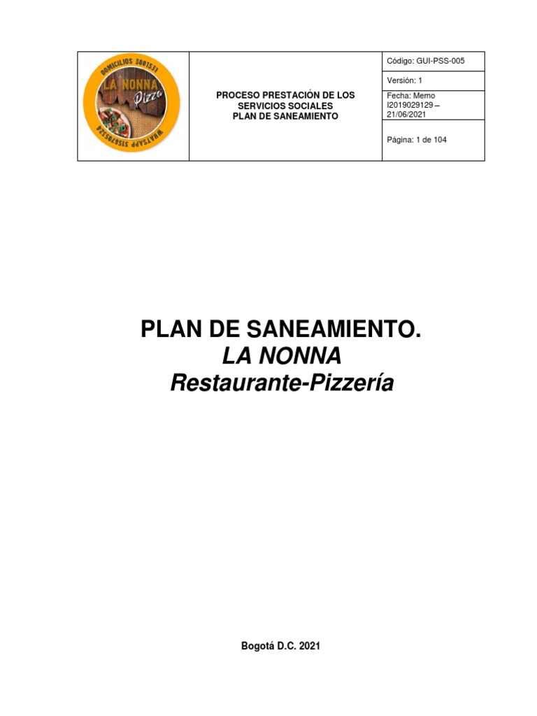 PLAN DE SANEAMIENTO LA NONNA Restaurante-Pizzeria | PDF | Infección | Alimentos