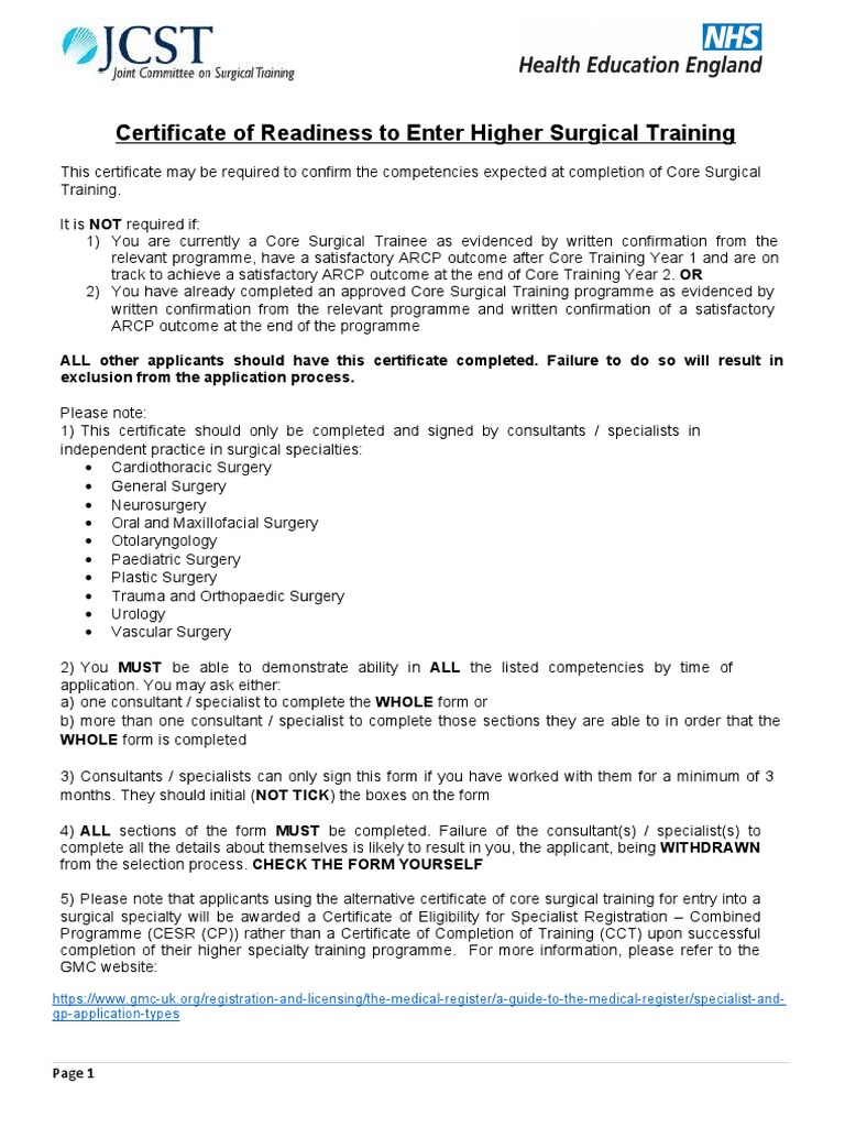 Certificate of Readiness To Enter Higher Surgical Training 2021 | PDF ...