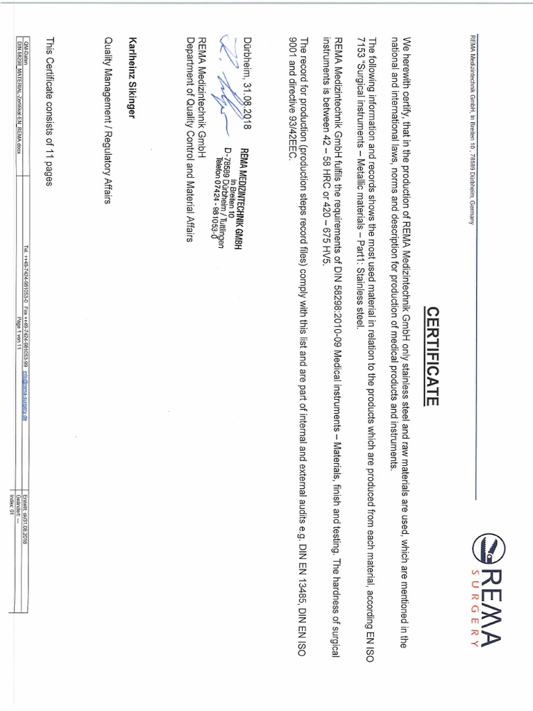 Certificate Material Instruments REMA | PDF