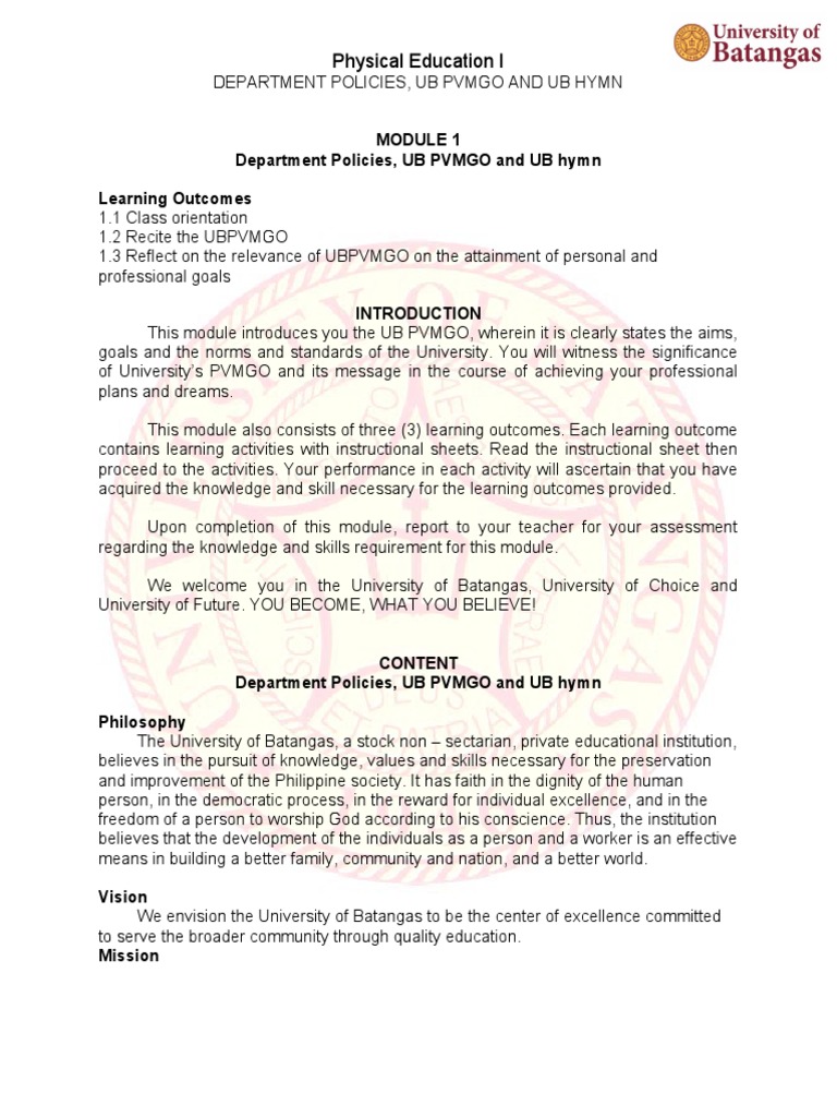 Physical Education I: Department Policies, UB PVMGO and UB Hymn ...