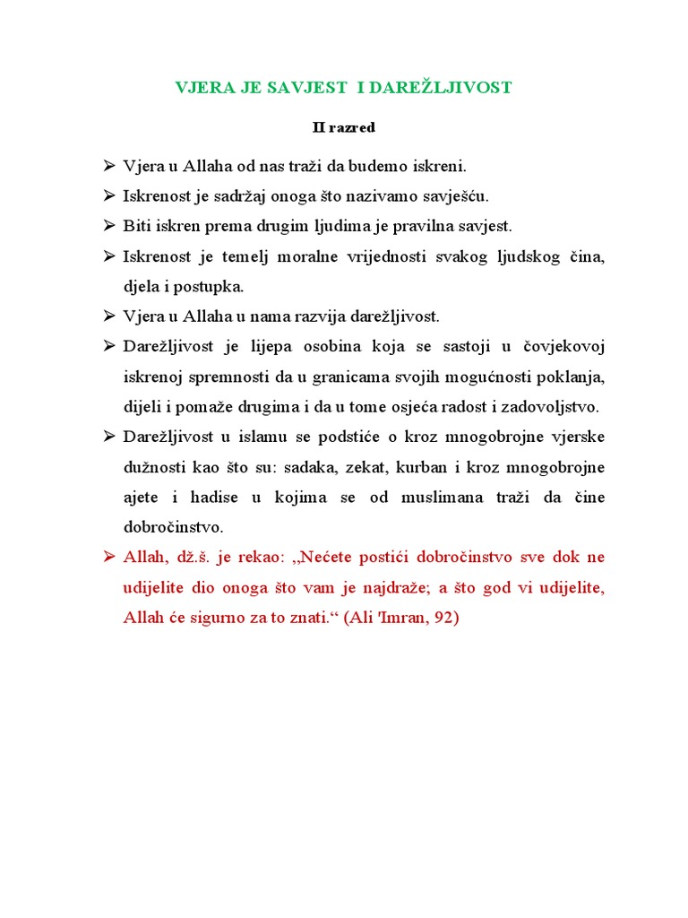 VJERA JE SAVJEST I DAREŽLJIVOST II Razred | PDF