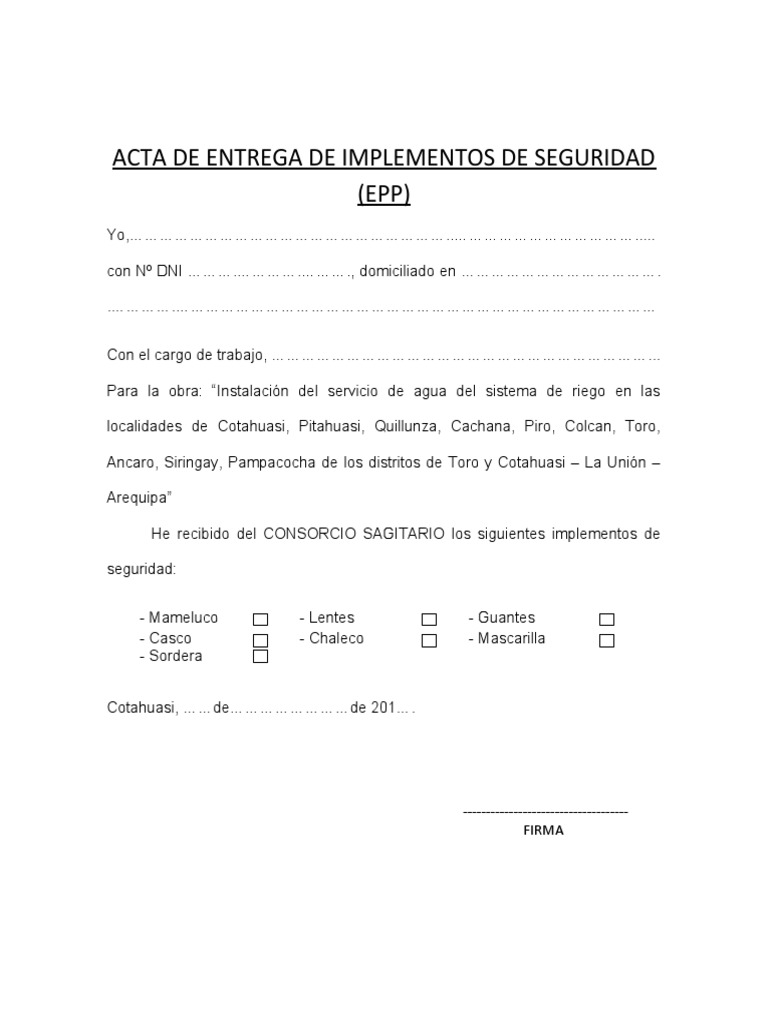 Acta Entrega Implementos de Seguridad | PDF
