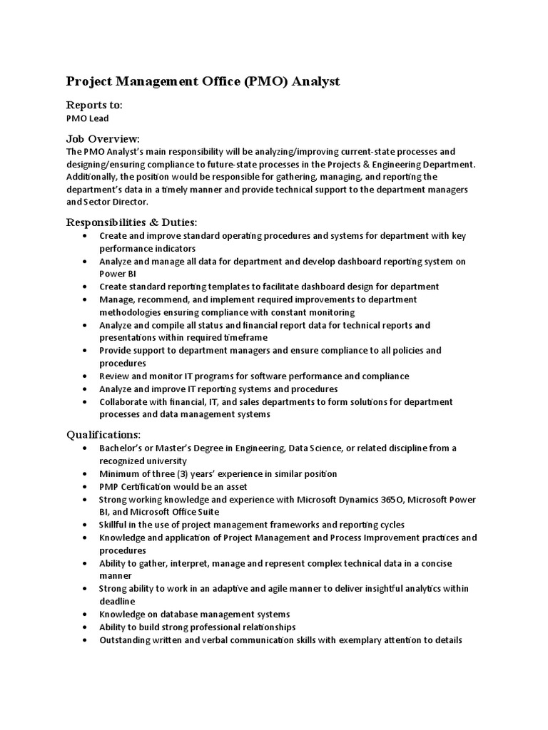 PMO Analyst Job Overview and Duties | PDF