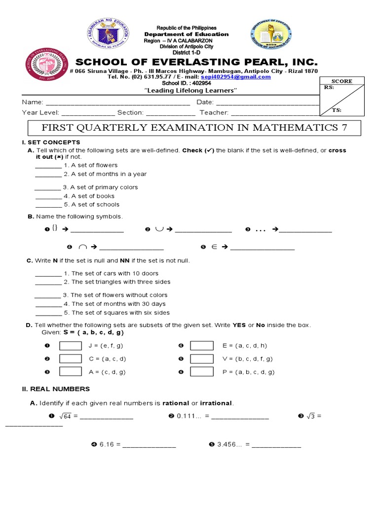 First Quarterly Examination in Mathematics 7: School of Everlasting ...