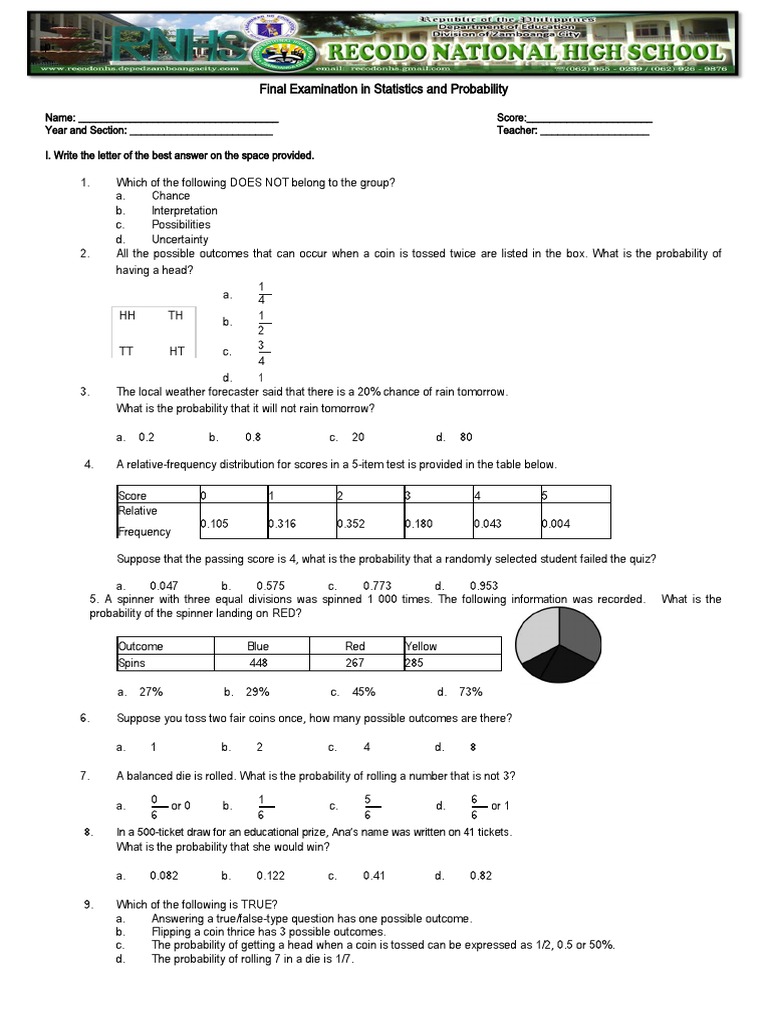 Final Examination in Statistics and Probability | PDF | Probability Distribution | Null Hypothesis
