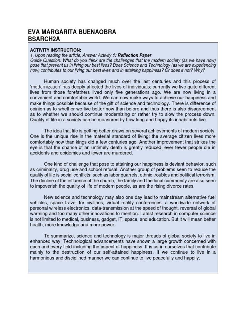 Activity 1 Reflection Paper - The Good Life-Eva Margarita Buenaobra ...